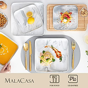MALACASA Plates and Bowls Sets, 16 Piece Porcelain Square Dinnerware Sets for 4, Marble Dish Set with Dinner Plates, Dessert Plates, Soup Plates and Bowls, Modern Dishes Dinnerware Set, Series IVY