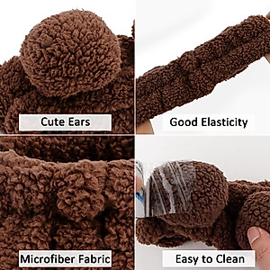 YISSION 2PCS Bear Ears Spa Headband No Slip Head Band for Face Wash Makeup Skincare Facial Headband Elastic Hair Band Carol Fleece Headbands for Women Girls (White Coffee)