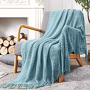 jinchan Cable Knit Throw Blanket Teal Soft Blanket with Tassels Indoor Outdoor Travel Warm Coverlet for Sofa Comforter Couch Bed Throw Blanket Spring Living Room Decor Nursery Gift 50x60 inch