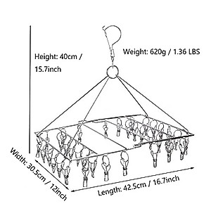 WudTus Folding Sock Drying Hanger 36 Clips Stainless Steel Space-Saving Dryer Rack Washline with Peg for Sock, Underwear, Baby Clothes and Hang Small Laundry Items