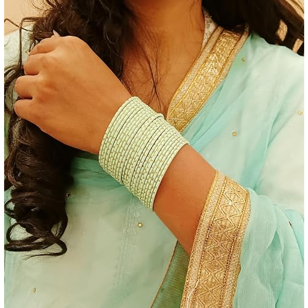 Efulgenz Indian Bangles Set Indian Bangles for Women Bollywood Plain Metal Bangles Bracelet Mint Green Bangles Indian Costume Jewelry for Women