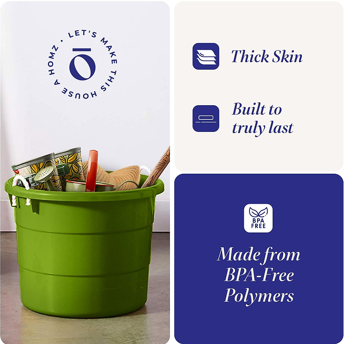 HOMZ 17-Gallon Indoor Outdoor Storage Bucket w/Rope Handles for Sports Equipment, Party Cooler, Gardening, Toys and Laundry, Bold Lime Green (4 Pack)