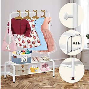 Kids Clothing Rack - Kids Dress Up Clothes Storage Racks - Baby Toddler Clothes Rack - Small Kids Costume Wardrobe Rack with 2 Fabric Floors Storage Shelf - Mini Short Kids Clothing Garment Rack