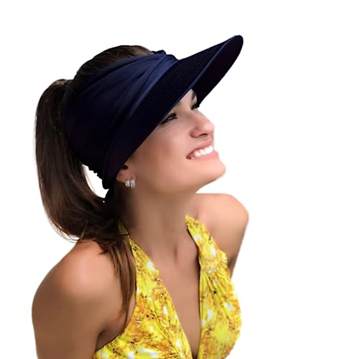 Sun Hat Women Beach Visor Cap UV Protection with Wide Brim Packable Summer Sport Ponytail Sun Cap Navy Blue