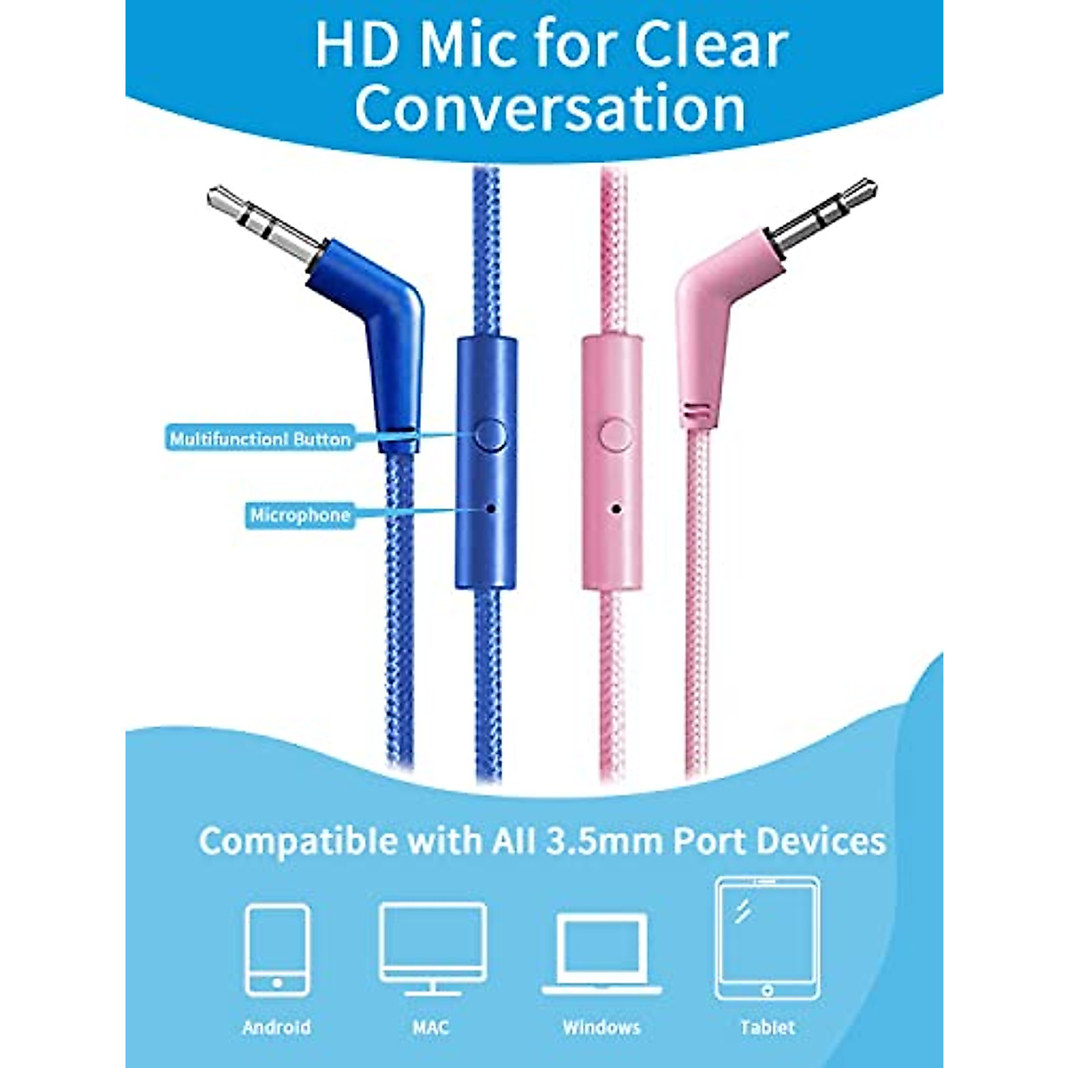 ADOOPE [2PACK Kids Headphones with Microphones 91dB Volume Limit Designed for Kids Boys and Girls, Wired Kids Headset with Share Splitter, HD Sounds on-Ear Headphones for Tablets, iPad, Fire Tablet