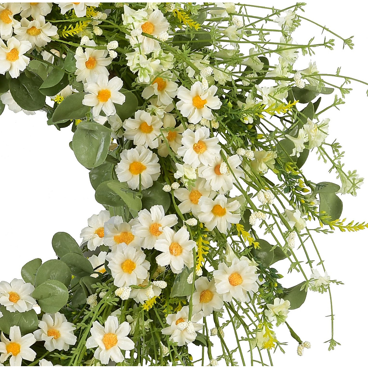 LSKYTOP 24 Inches Artificial Daisy Flower Wreath with Eucalyptus Leave Silk Flower White Berries Spring Summer Wreath for Front Door Wall Decor