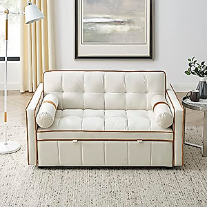 JULYFOX Beige Color Velvet Pull Out Sleeper Sofa,55 in Wide Mid Century Modern Loveseat Couch Sofa Button Tufted with Side Storage Pockets Recline Back Lumber 2 Round Toss Pillows for Small Spaces