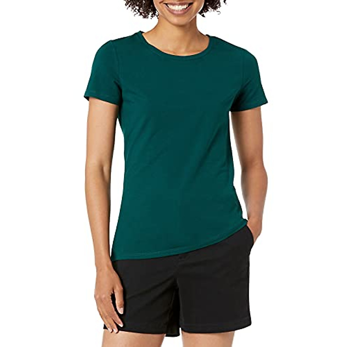 Amazon Essentials Women's Classic-Fit Short-Sleeve Crewneck T-Shirt, Pack of 2, Dark Green/Powder Blue, X-Small