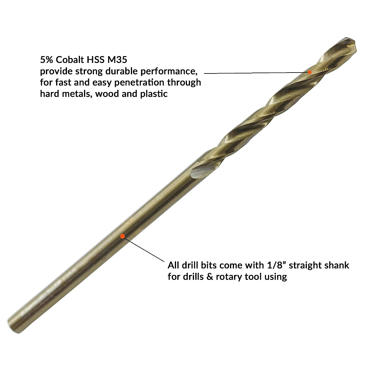 NordWolf 8-Piece M35 Cobalt Multi-Purpose Drill Bit Set, with 1/8" Straight Round Shank for Rotary Tools, SAE Sizes 1/32"(x2)-3/64"-1/16"-5/64"-3/32"-7/64"-1/8" in Storage Case
