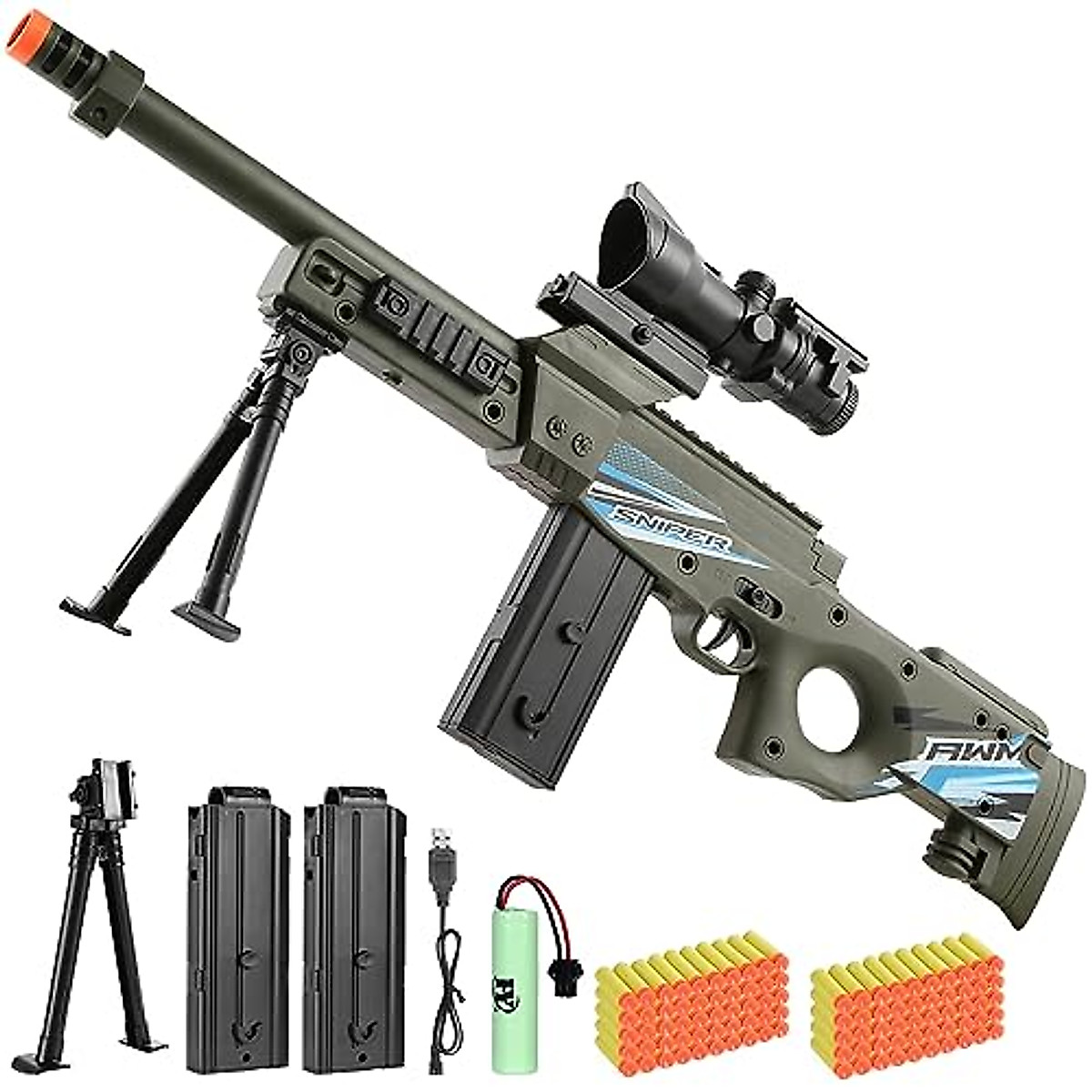 Automatic Sniper Rifle Toy Gun with Scope for Soft Guns Darts with 2 Magazines, Foam Blaster with 100 EVA Soft Bullets, Realistic Electric Machine Gun for Boy 8-12 Age, Birthday Gift for Kid and Adult