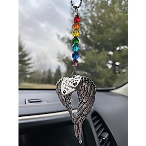 “I'll Meet You at The Rainbow Bridge” and Large Angel Wings Charms with Rainbow Colored Czech Glass Beads Rear View Mirror Car Charm, Memorial Pet Remembrance