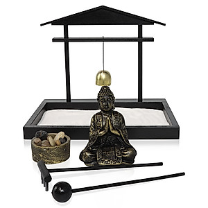 Japanese Zen Garden Kit Home Decor - Mini Zen Garden Buddha with Bell Hanging Archway Office Desk Accessories - Zen Sand Garden Desk Office Decor - 8.5" x 6.5" x 7"