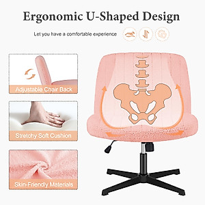 Sweetcrispy Criss Cross Chair Legged, Armless Office Desk Chair No Wheels, Swivel Vanity Chair, Height Adjustable Wide Seat Computer Task Chair, Fabric Vanity Modern Home Chair Pink