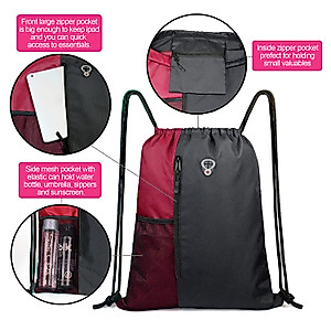 BeeGreen Maroon Drawstring Backpack Sports Gym Bag for Women Men Large String Backpack With Zipper and Water Bottle Mesh Pockets Cinch Sack Workout Bag, 16" x 20"