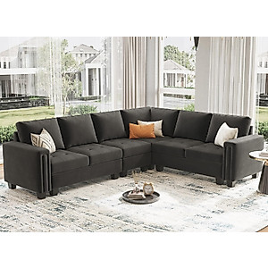 Belffin Grey Velvet L-Shape Sectional Sofa with Reversible Chaise, 107.8'L x 84.2'W x 35.8'H, Modular, Modern, Sofa Couch for Living Room, 5 Seater, Easy Assembly