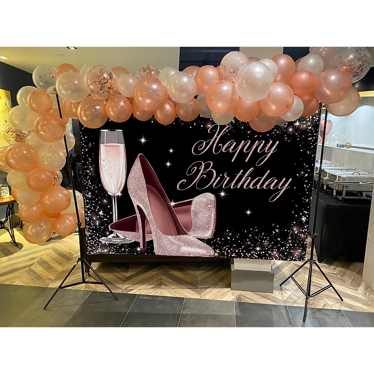 Rose Gold Glitter Happy Birthday Backdrop High Heels Champagne Glass Photography Background for Adult Women Birthday Party Decorations Banner Photo Booth 7x5ft