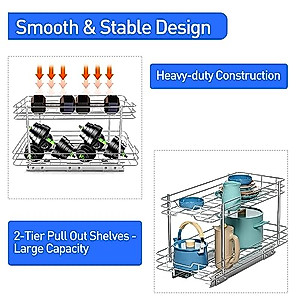 2 Tier Pull-out Cabinet Organizer, 11"W x 21"D Kitchen Under Sink Organizer, Slide Out Home Spice Rack Storage Shelves for Pots and Cans, Drawer Pantry Shelf Organization for Bathroom Base, Chrome