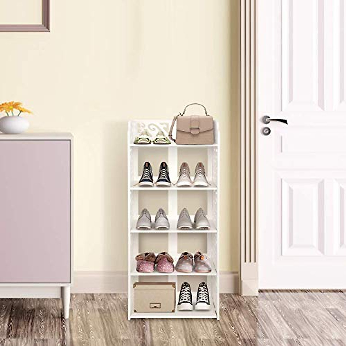 5 Tier Small Shoe Rack Storage Organizer, Engraving Vertical Shoe Rack for Entryway Tiered, Closets Shoe Storage Rack for Men Women Kids Shoes Small Shoe Rack, White
