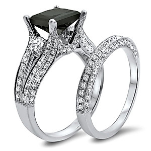 3 Ct Princess Cut Black & White Diamond Vintage Engagement Ring Bridal Wedding Set 14k White Gold Plated 925 Sterling SIlver6.5