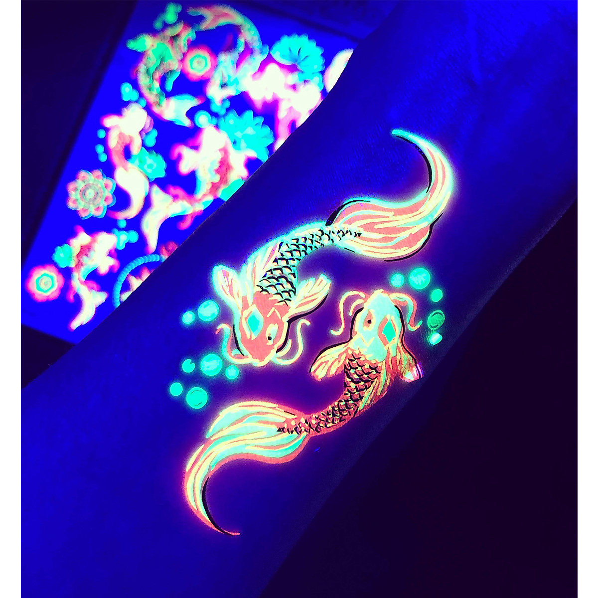 Temporary Tattoos – 3 Sheets Tattoo Design Body Art Blacklight Reactive Light Festival Accessories Glow in the Dark Party Supplies | 7.2” x 5.2” Temp Tattoos Great for EDM EDC Party Rave Parties