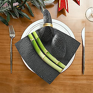 Black Zen Basalt Stones with Dew Green Bamboo on Dark Dinner Cloth Napkin, Set of 1 Oversized Reusable Table Napkins, Washable Premium Fabric with Hemmed Edges for Wedding Parties
