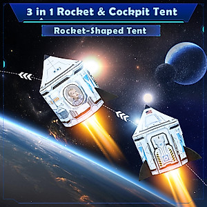 Senodeer Rocket Ship Kids Play Tent: 3Pcs Toddlers Pop Up Ball Pit and Play Tunnel for Indoor Outdoor, Spaceship Baby Playhouse Toys for 1-3 Year Old Boys Girls (3 in 1 Kids Tent)