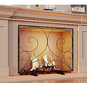 Fire Beauty Single Panel Fireplace Screen Handcrafted Solid Wrought Iron Mesh, Heat-Resistant Fire Spark Guard for Fireplace-Black