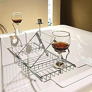 BDL Stainless Steel Bathtub Caddy Tray, Expandable Bath tub Table Shelf Bath Organizer with Reading Pad Rack or Tablet Holder, Candle Holder and Including Two Wine Glass Holders (Silver)