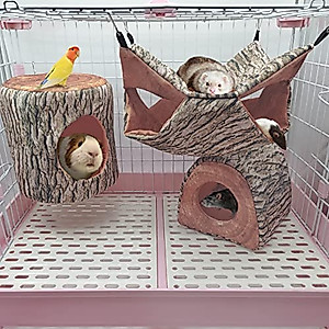 EAEDMY Guinea Pig Rat Ferret Tree Hole Bed and Hammock Tunnel, Ferret Hanging Bunk Bed Hammock, Parrot Bird Tree Hole, Small Animals Hideout and Soft Bed (1.Tree Hole Bed and Hammock)