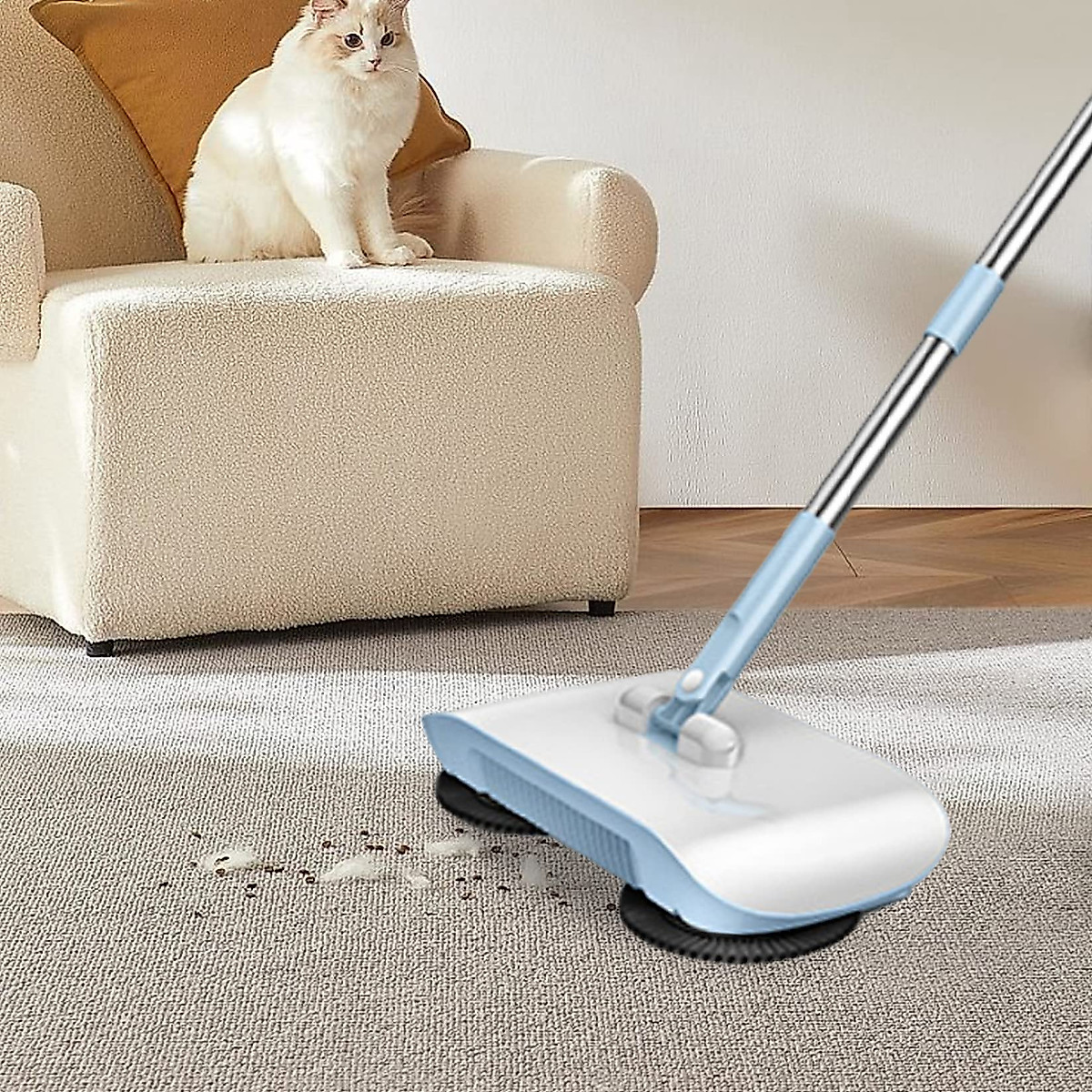 Naisicore Hand Push Sweeper, 3 in 1 Hand Sweeping Mop with Vacuum Cleaner & Crumb Sweeper, Floor Cleaning Tools for Cleaning Floor Rugs Hair, Fruit Shell, Dust (Blue)