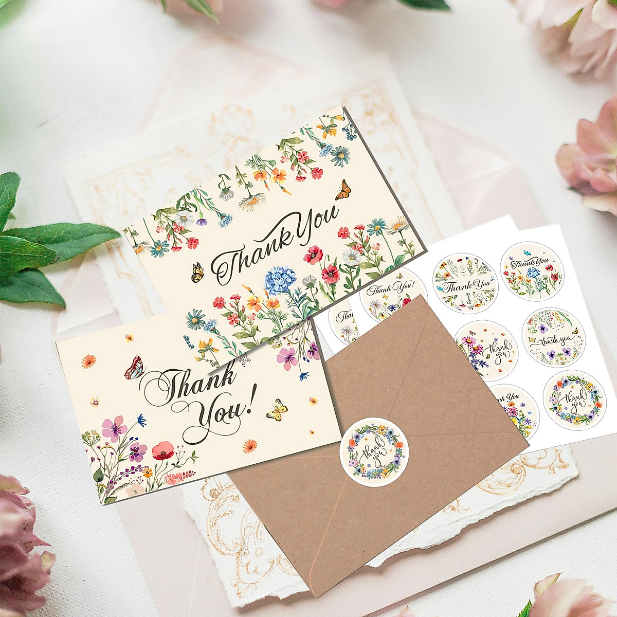 Savgkoyt 75 Pack Wildflower Thank You Cards with Envelopes and Stickers Thank You Notes with Envelopes Set Bulk Vintage Flower Greeting Cards with Kraft Envelope Sticker for Wedding Bridal Showers Baby Showers