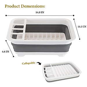 Kitchen Details Collapsible Dish Drying Rack | Space Saver | Aerated Bases Drain Holes | Plates, Bowls, Utensils Compartments | Countertop and Sink Storage | White/Grey