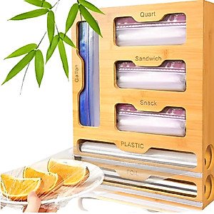 Bamboo Ziplock Bag Organizer - Foil and Plastic Wrap organizer with cutter - Holds up to 12” rolls - Baggie Organizer for Gallon, Quart, Sandwich, Snack Bags - Kitchen Organization - Drawer organizer