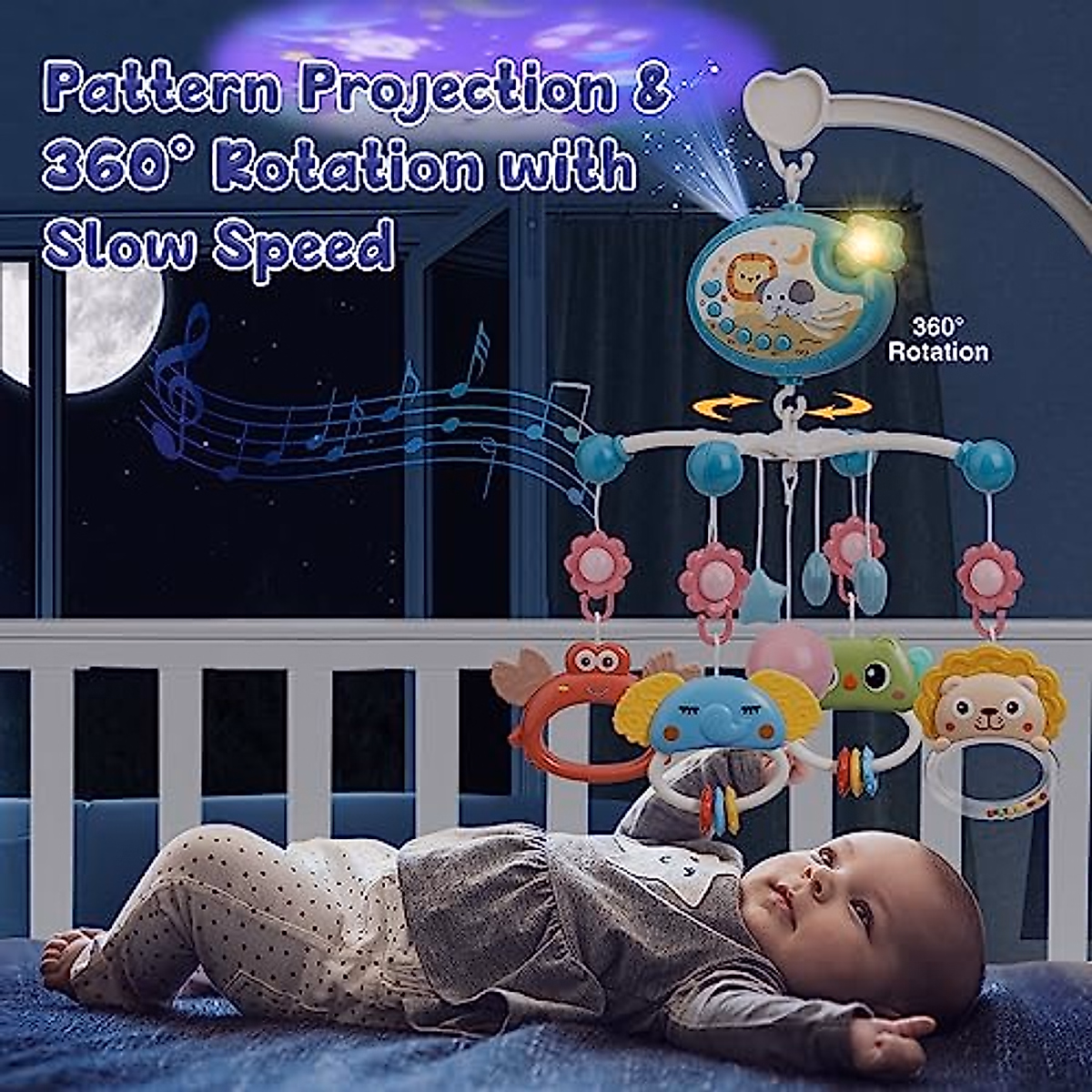 Mini Tudou Crib Mobile with Music and Lights,Baby Mobile for Crib with Hanging Rotating Rattle Toy,Star Projection,400 Lullabies and Timing Function,Remote Control Baby Crib Mobile for Boys Girls