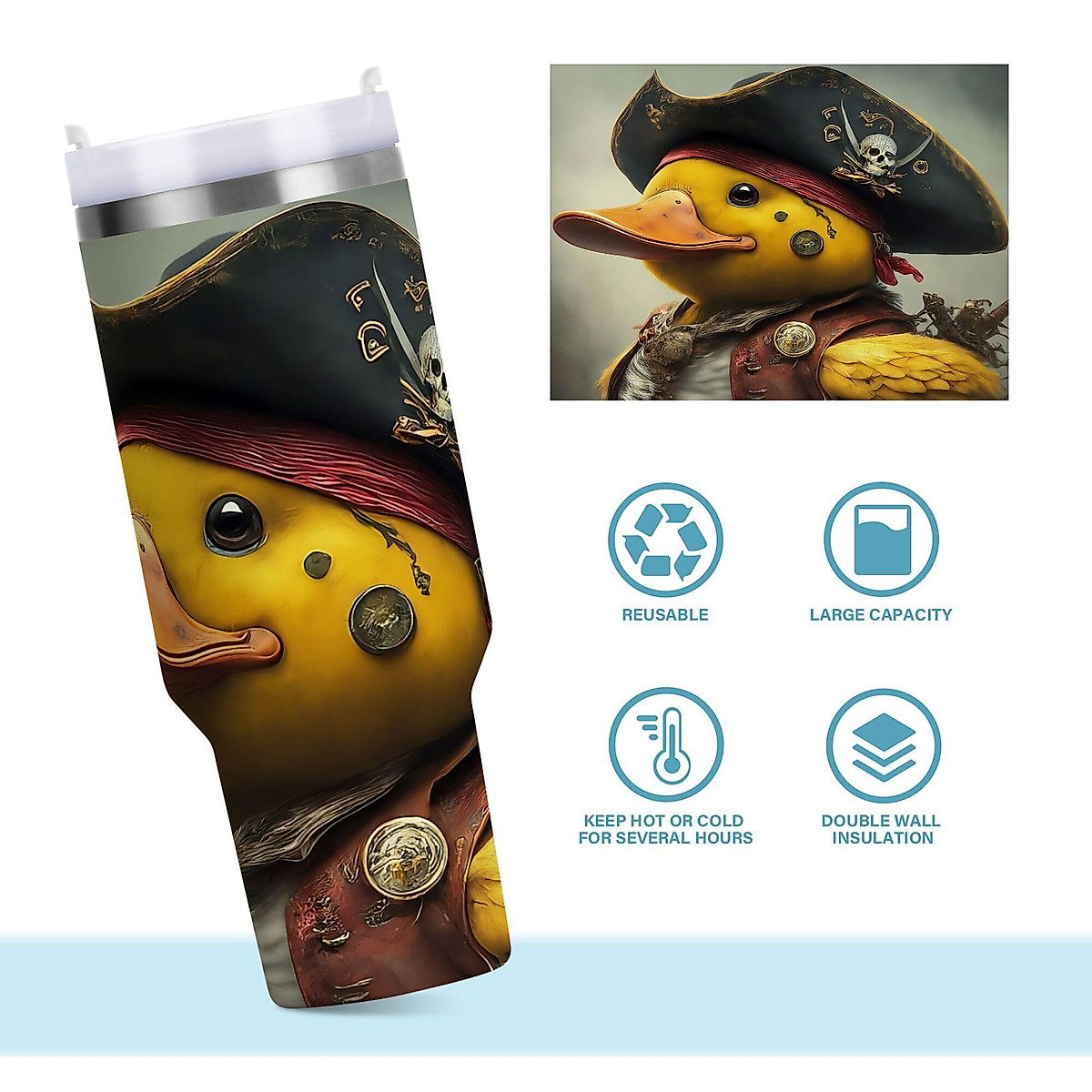 Exnundod 40 oz Tumbler with Handle Pirate Rubber Duck Insulated Stainless Steel Cup with Lid and Straw Travel Cup Leak-proof Fits in Car Cup Holder for Iced & Hot