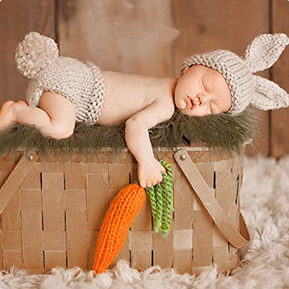 ODASDO Newborn Photography Outfits Baby Boy Girl Easter Bunny Costume Photo Props Handmade Crochet Knit Rabbit Ear Hat Cap Beanie Pom Pom Diaper Cover Pants Carrot 3pcs Set Khaki + Carrot