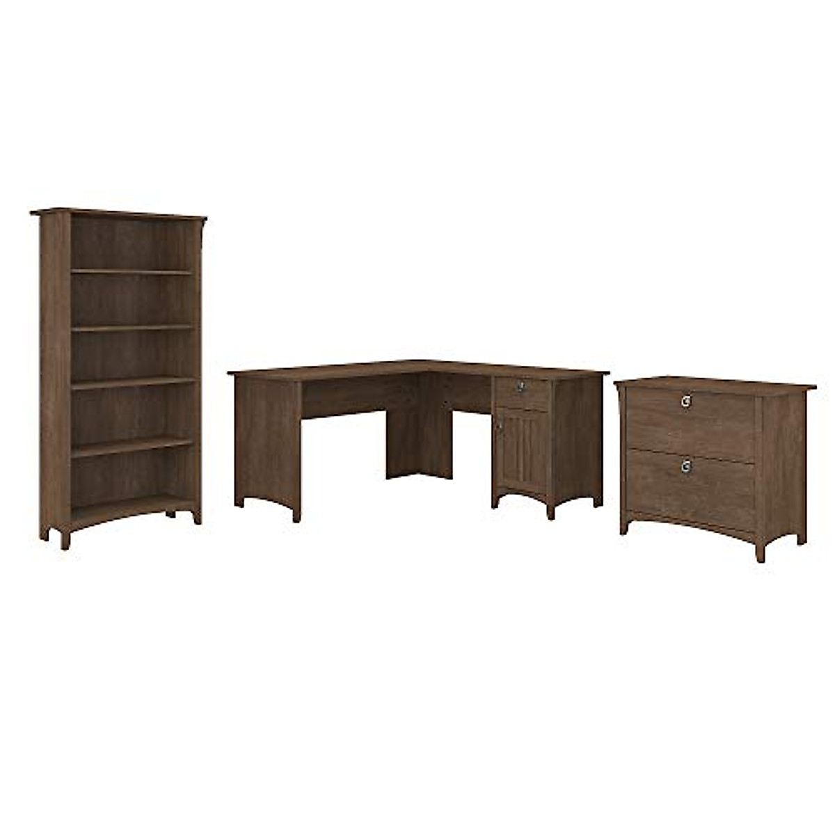 Bush Furniture Salinas L Shaped File 5-Shelf Bookcase | 3 Piece Living Room Furniture Set | Storage Cabinet, Bookshelf & Office Desk, 60W, Ash Brown