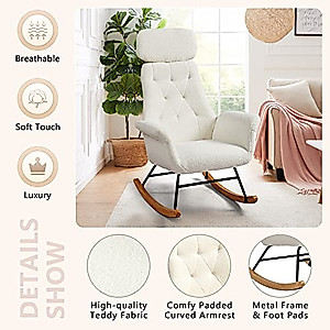 Wirrytor Modern Nursery Rocking Chair, Teddy Fabric Upholstered Glider Rocker Chair, Rocking Accent Chair with High Backrest Armchair Comfy Side Chair for Living Room Bedroom Home Offices(Teddy Beige)
