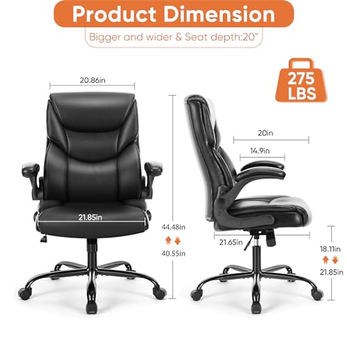 OLIXIS Ergonomic Home Office Desk Chair - Executive Big Tall High Back with Comfy Lumbar Support & Flip Up Armrest, PU Leather Computer Gaming Task Chairs with Swivel Wheels, Height Adjustable, Black