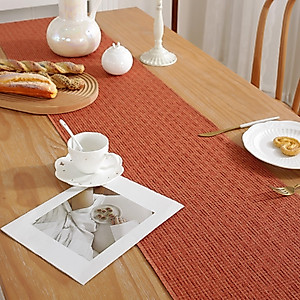 JIALE Fall Table Runner, Rustic Farmhouse Table Runners with Tassels 72 Inches Long, Boho Cotton Linen Table Runner for Table Decor, Holiday Party and Wedding, 13x72 Inches, Orange