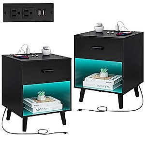 Quimoo Nightstands Set of 2 with Charging Station and LED Lights, End Side Table with 1 Drawer, Modern Nightstand with 1 Open Storage for Bedroom, Black