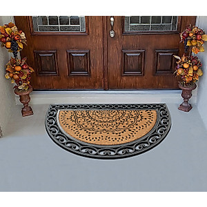 A1 Home Collections A1HOME200131 Heavy Duty Welcome Doormat A1HC Natural Coir & Rubber Round Door Mat, 30" X 48", Half Circle Paisley Black