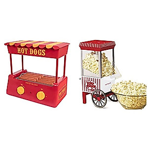 Nostalgia Countertop Hot Dog Roller and Warmer, 8 Regular Sized Hot Dogs & Vintage Table-Top Popcorn Maker, 12 Cups, Hot Air Popcorn Machine with Measuring Cap, Oil Free, White and Red