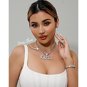 Iced Out Personalized Cursive Name Heart Necklace, Custom Nameplate Pendant Handmade with Cuban Link Chain, Hip Hop Initial Letter Diamond Jewelry Gifts Gold and Silver Color Plated for Man and Woman (Silver/Heart Hook)