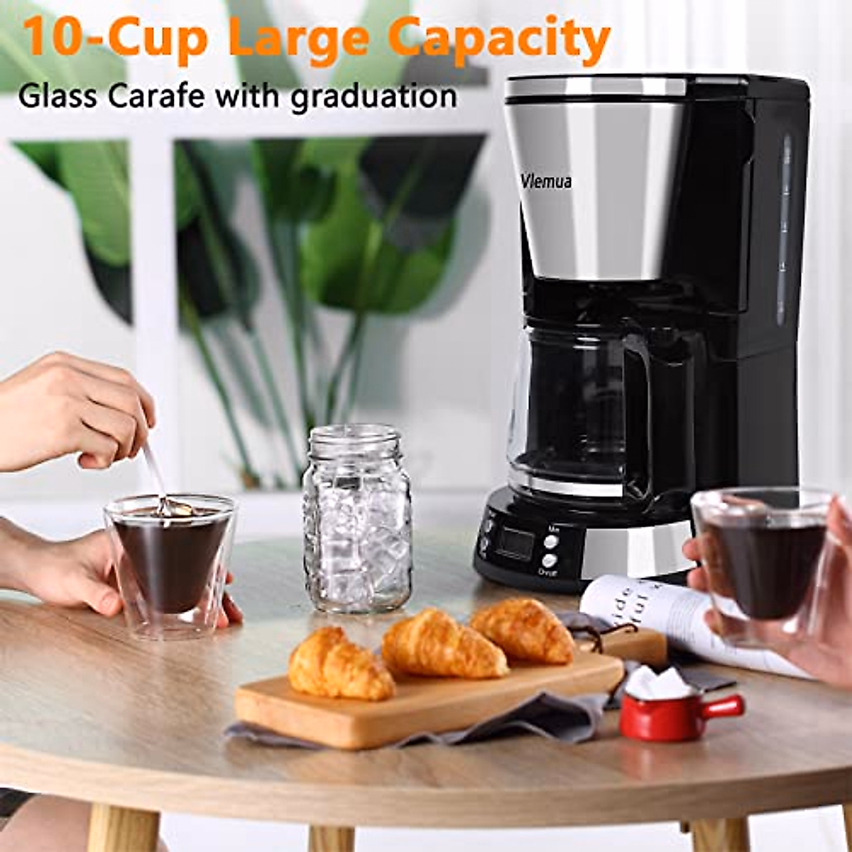Gardcare 10-Cup Coffee Maker: 24-hour Programmable Coffee Machine, Smart Touch Screen, Stainless Steel Glass Carafe Pot with Brew Strength Control, Automatic Anti-Drip System, Black