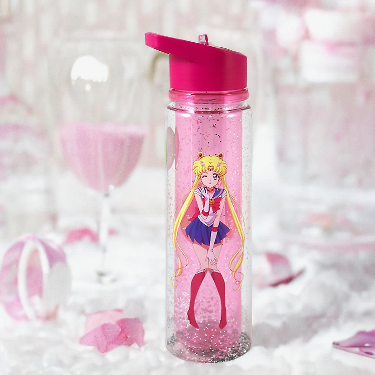 JUST FUNKY Sailor Moon Crystal Double-Walled Water Bottle | 18 oz Plastic Travel Beverage Container | Includes Glitter Wall | Home Deco | Anime Water Bottle | Officially Licensed