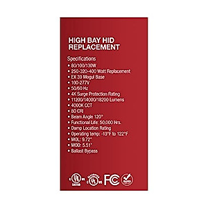 Satco S33114 Hi-Pro LED High Bay Wattage-Selectable HID Replacement Light, White, 80W/100W/130W