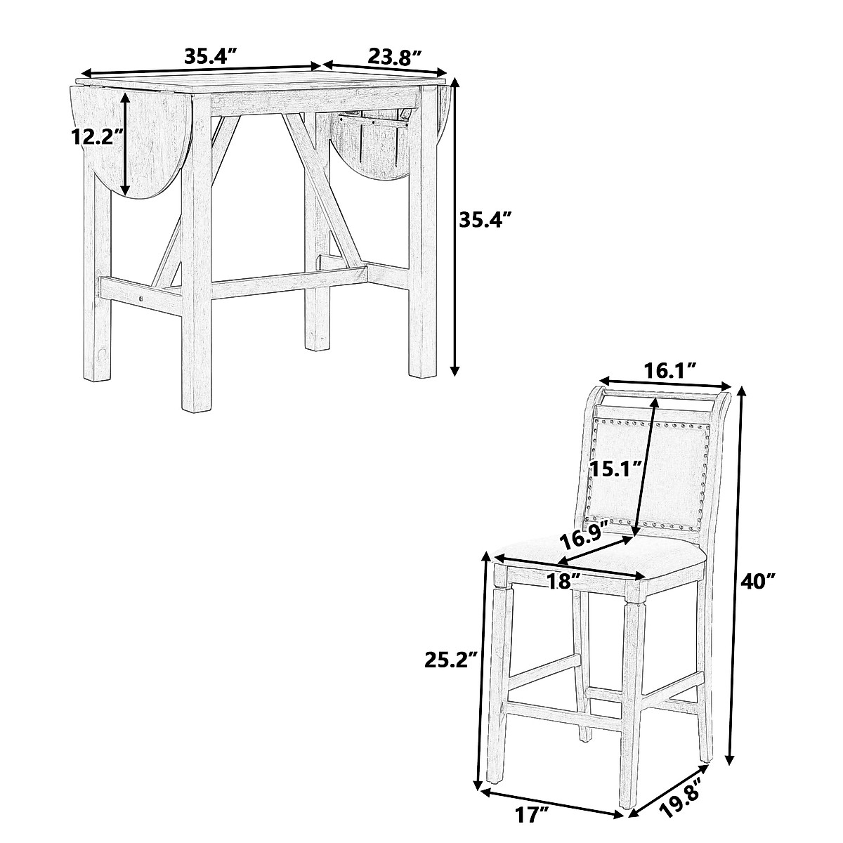 Harper & Bright Designs 3 Piece Counter Height Kitchen Dining Set with Drop Leaf Dining Table and 2 Dining Padded Chairs, Dining Room Set for Small Places, Brown
