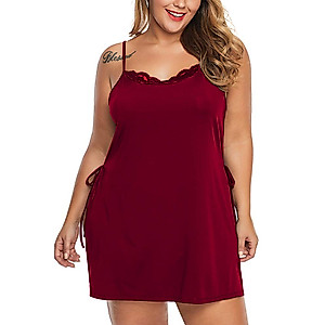 XAKALAKA Women Plus Size Lace Babydoll Lingerie Side Slit Strappy Chemise Sleepwear Wine XL