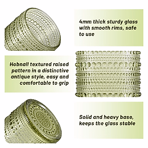 Wongblee Hobnail Drinking Glasses Set of 6, Vintage Colored Glassware 11oz, Beverage Glass Cups for Water, Juice, Cocktail (Green)